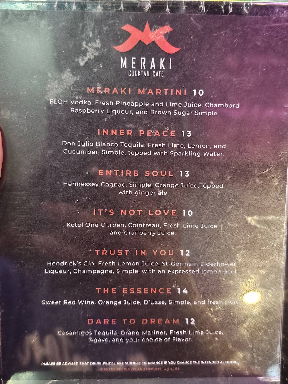 Menu at Meraki Cocktail Cafe, Cleveland Heights