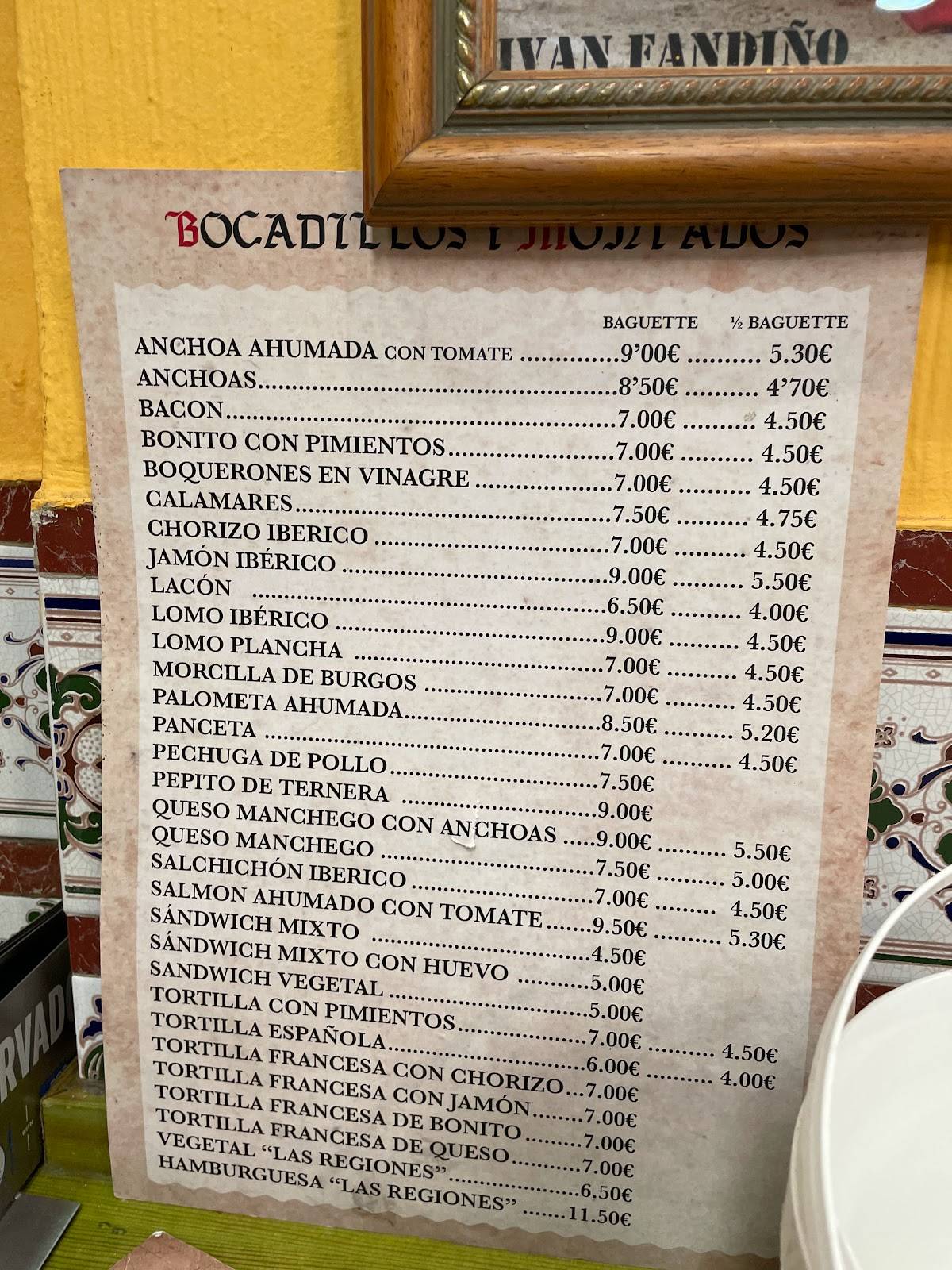 Carta del pub y bar Mesón Las Regiones, Madrid