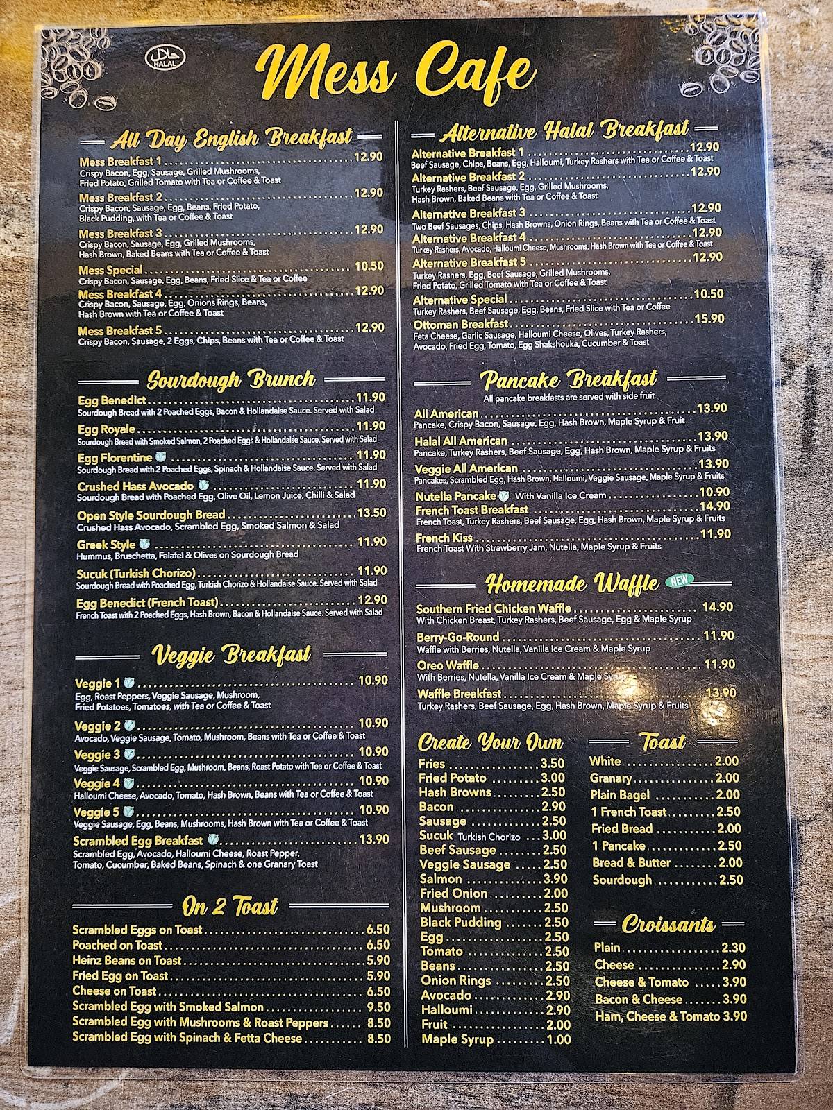 Menu at Mess Cafe, London, 38 Amhurst Rd