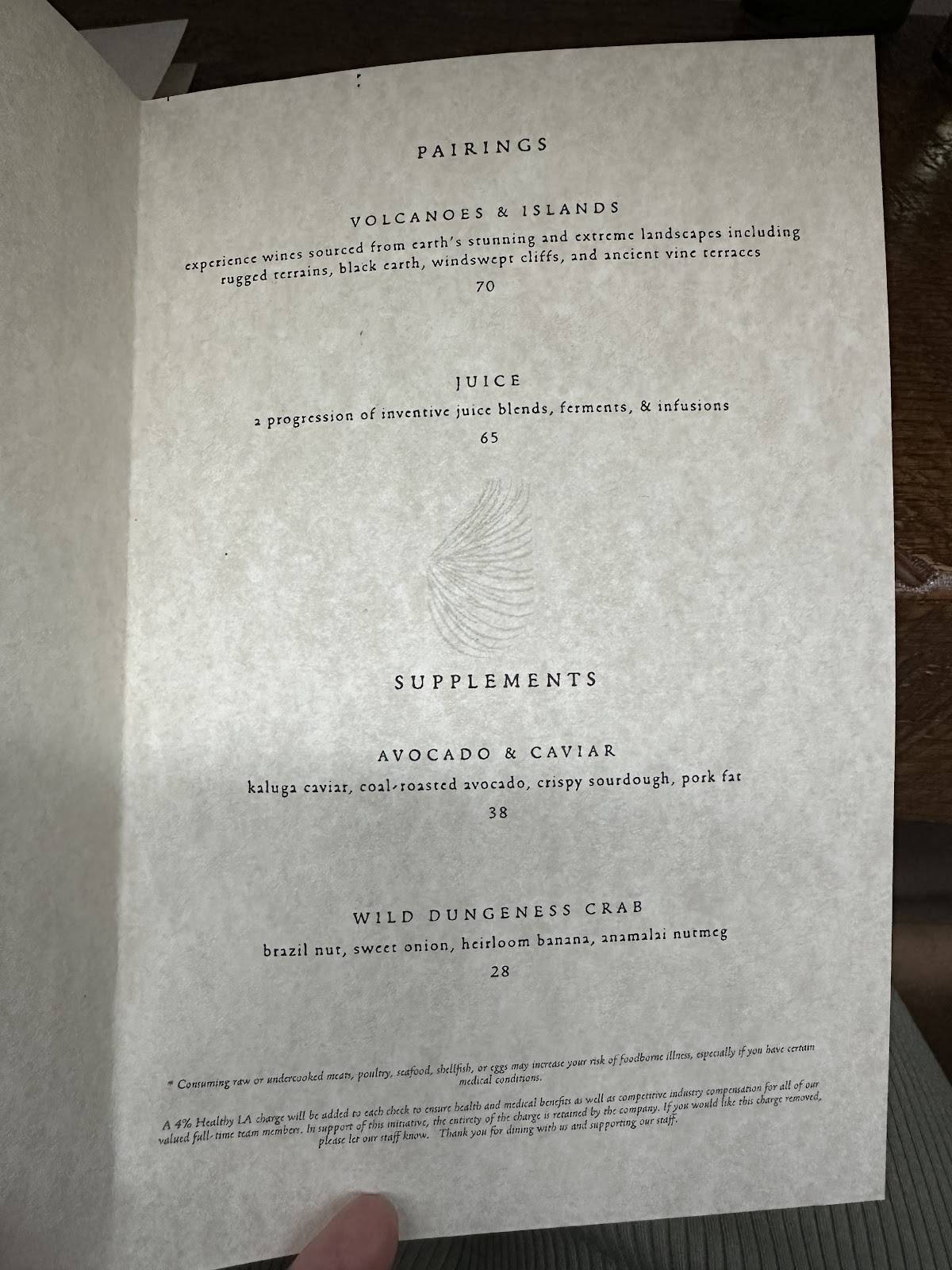 Menu at Meteora restaurant, Los Angeles