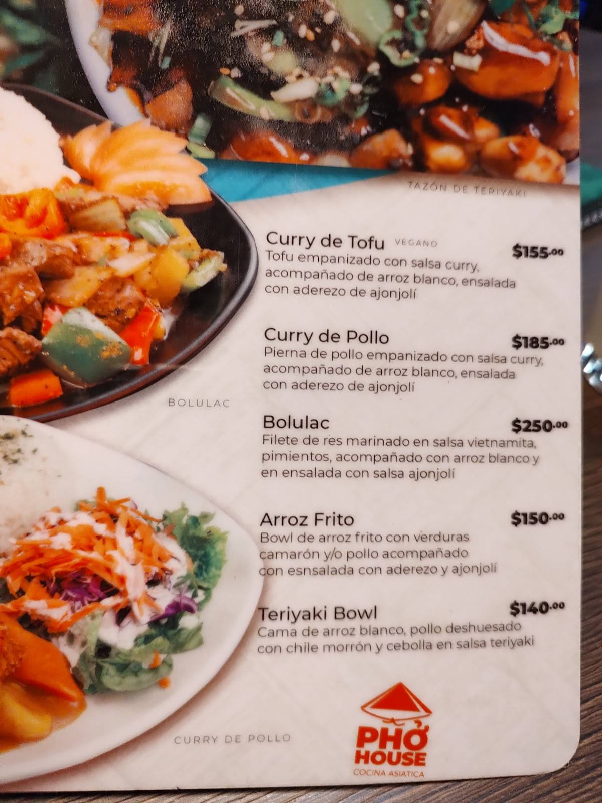 Menu at Pho House restaurant, Mexicali, Catemaco