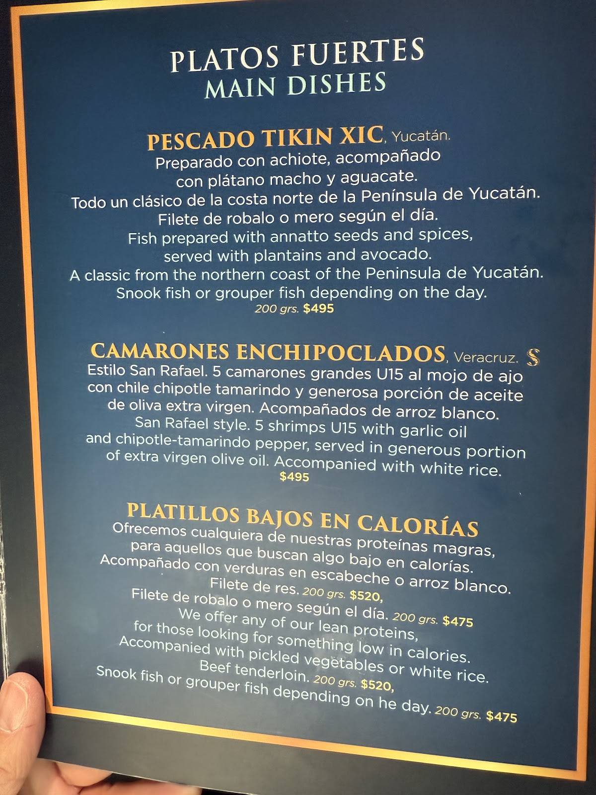 Carta del restaurante Azul Histórico, Ciudad del México