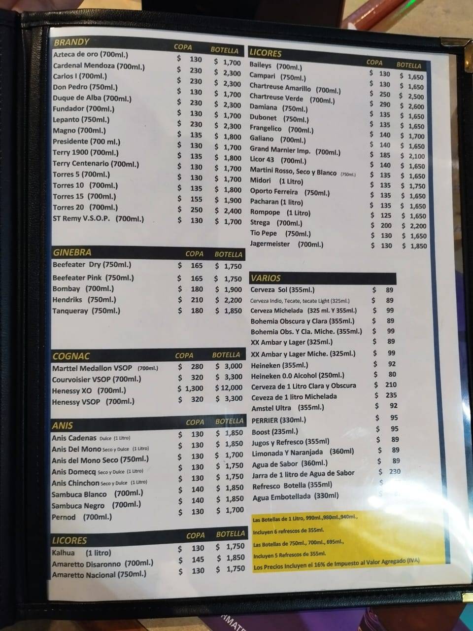 Carta de Bar Lepanto, Ciudad de México
