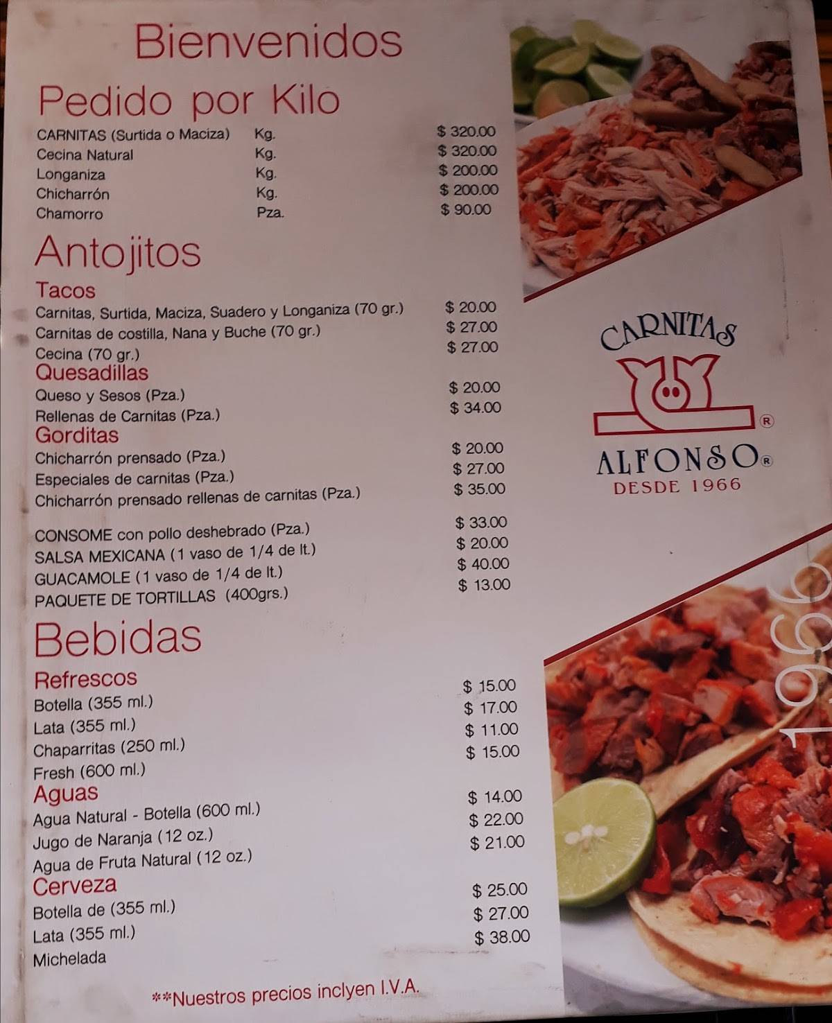 Carta del restaurante Carnitas Alfonso, Naucalpan del Juárez, Perif ...