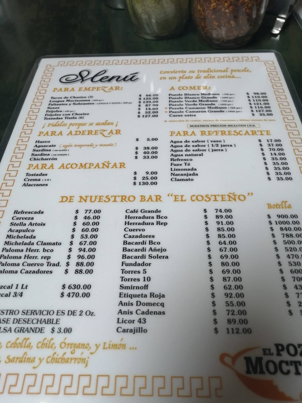 Carta del restaurante El Pozole del Moctezuma, Ciudad del México