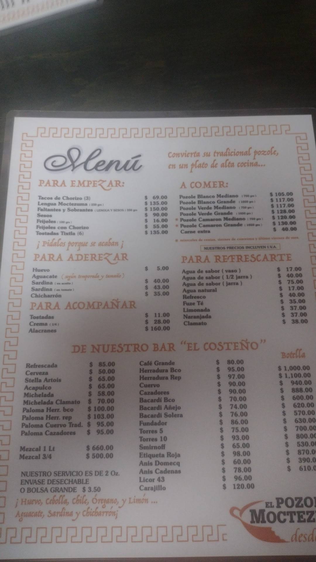Carta del restaurante El Pozole del Moctezuma, Ciudad del México