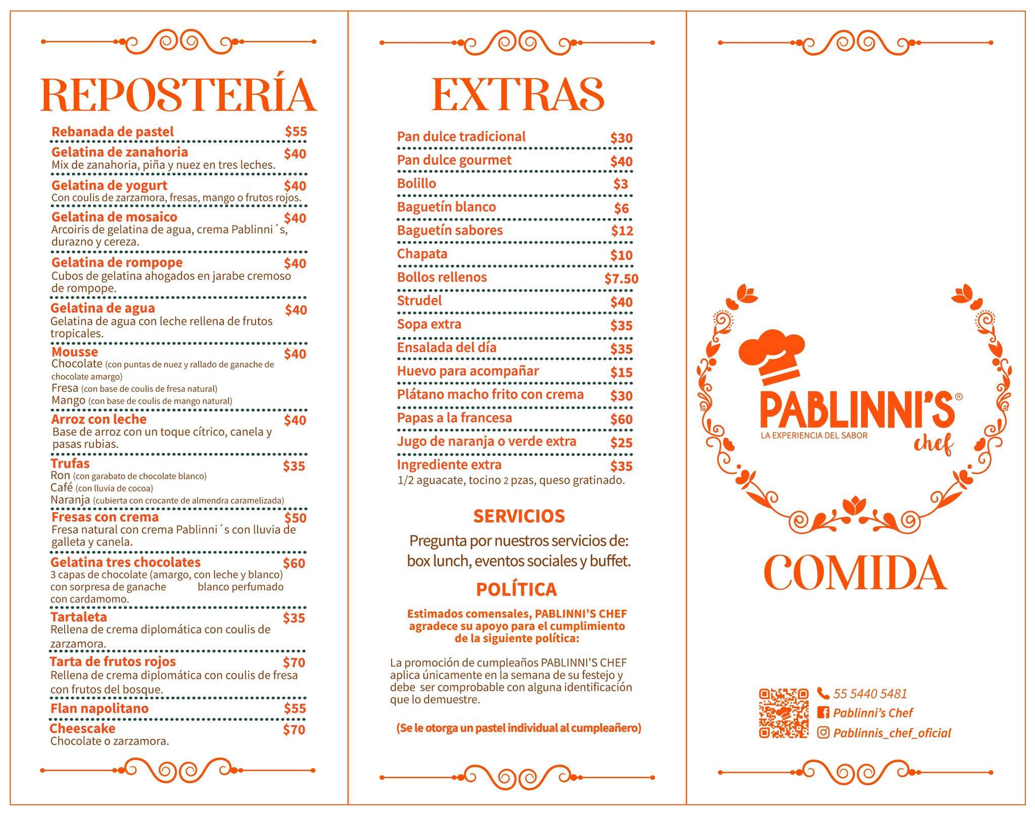 Carta de Pablinni's Chef "Restaurante", Ciudad de México