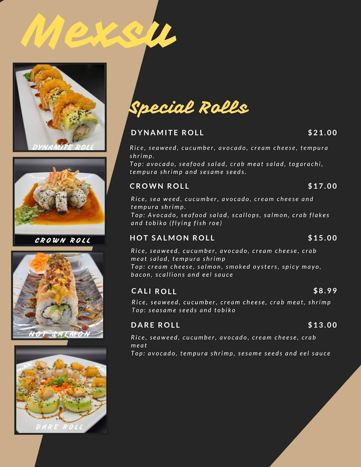 Menu at Mexsu restaurant, Yuma