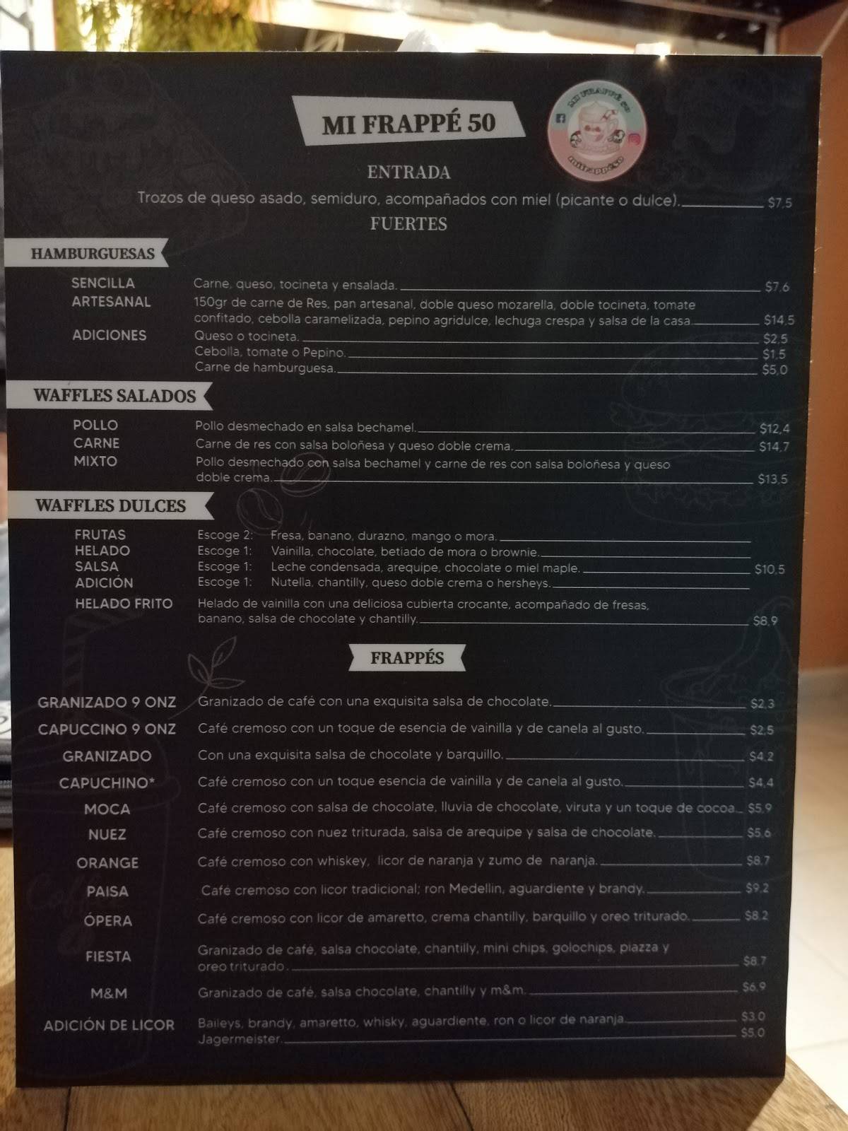 Menu at Mi Frappe 50 cafe, Colombia