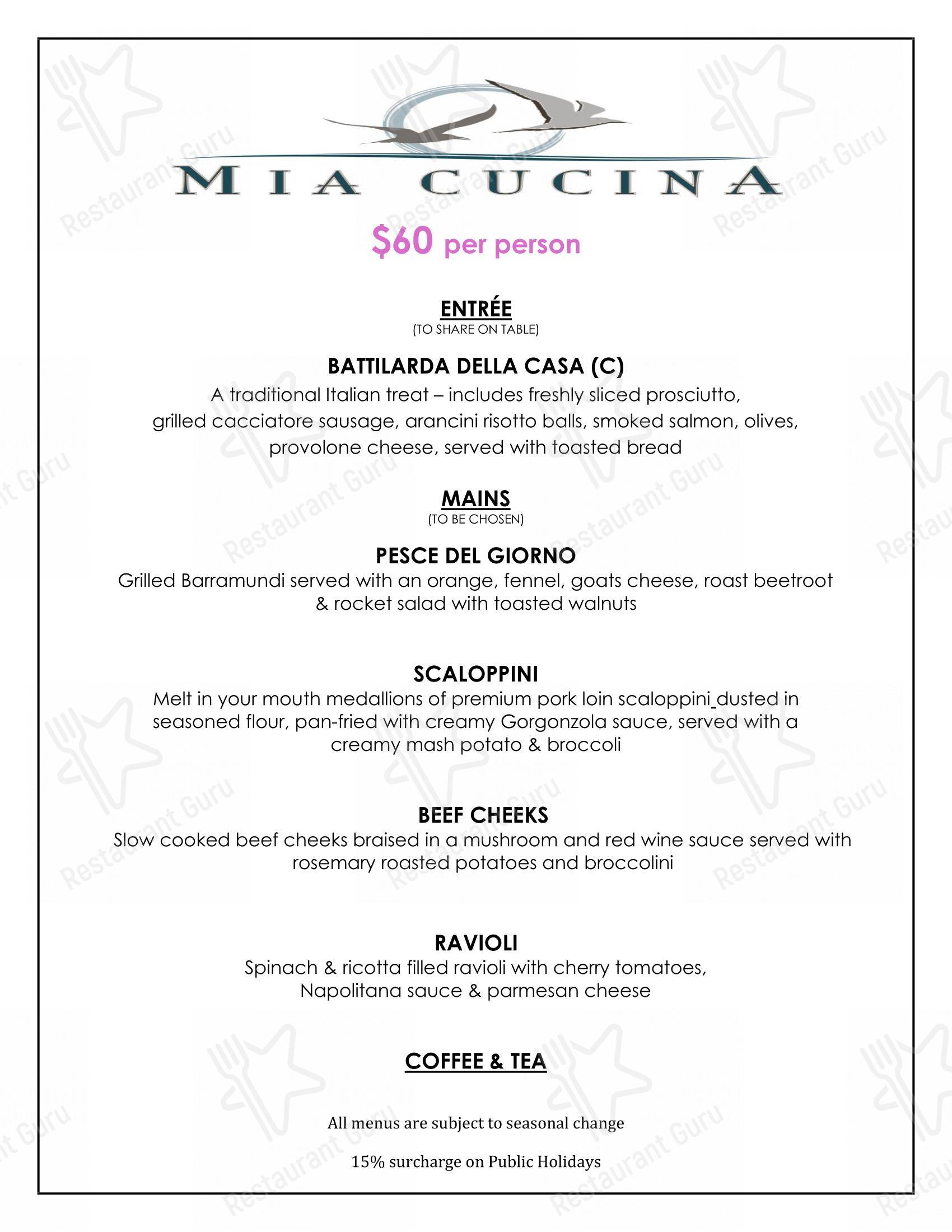 Menu at Mia Cucina Italian Cafe, Hillarys