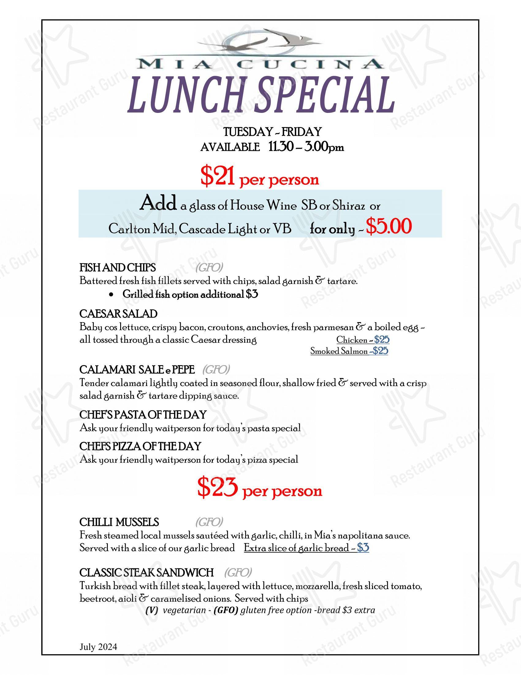 Menu at Mia Cucina Italian Cafe, Hillarys