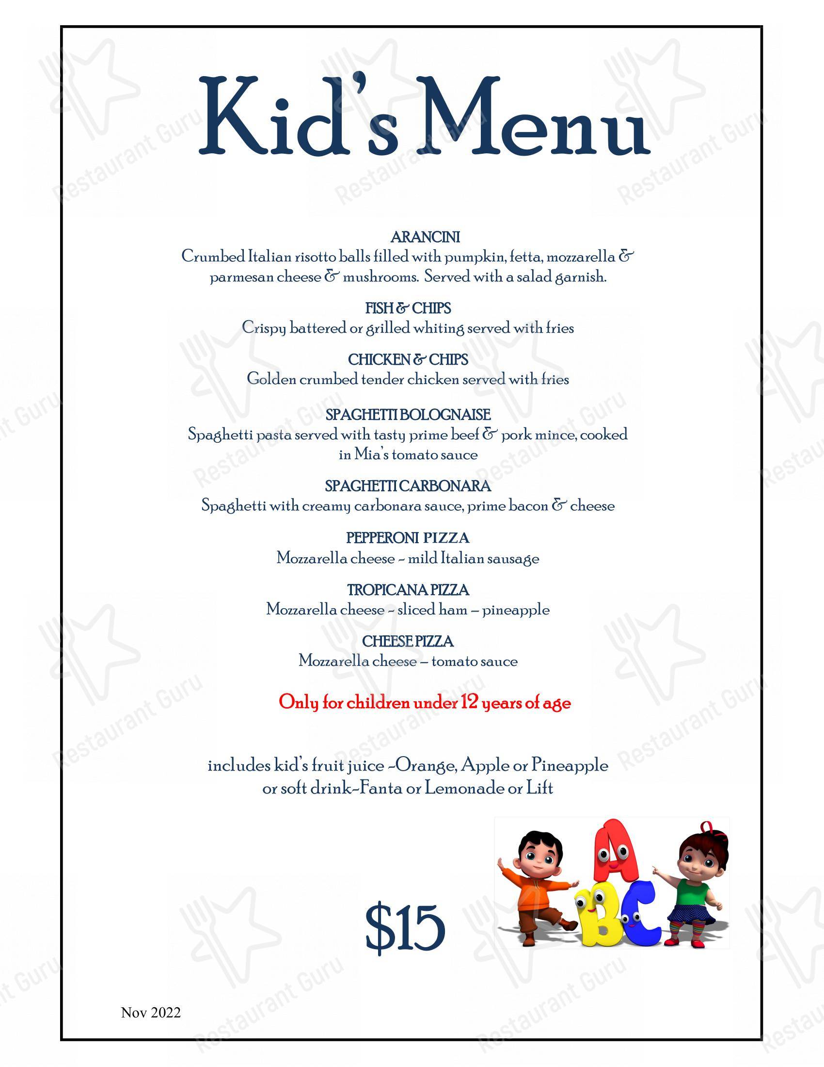 Menu at Mia Cucina Italian Cafe, Hillarys
