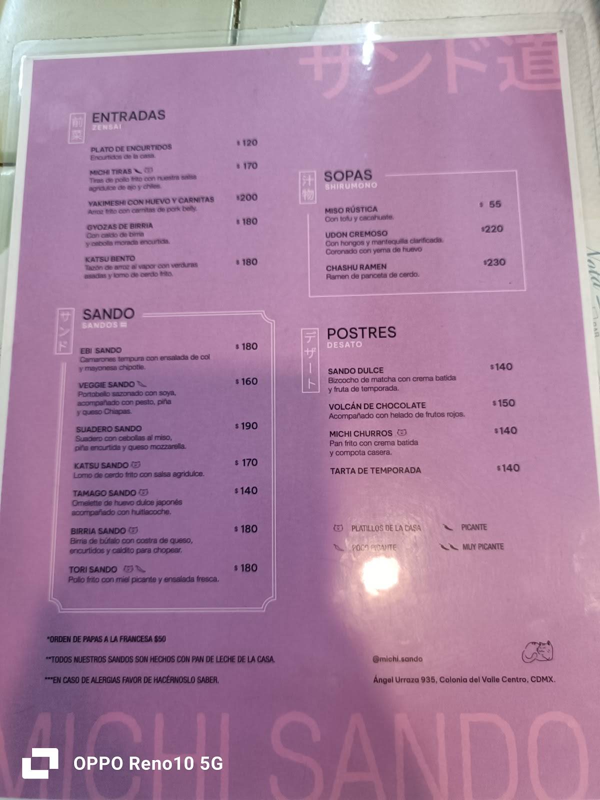 Carta del restaurante Michi Sando, Ciudad del México