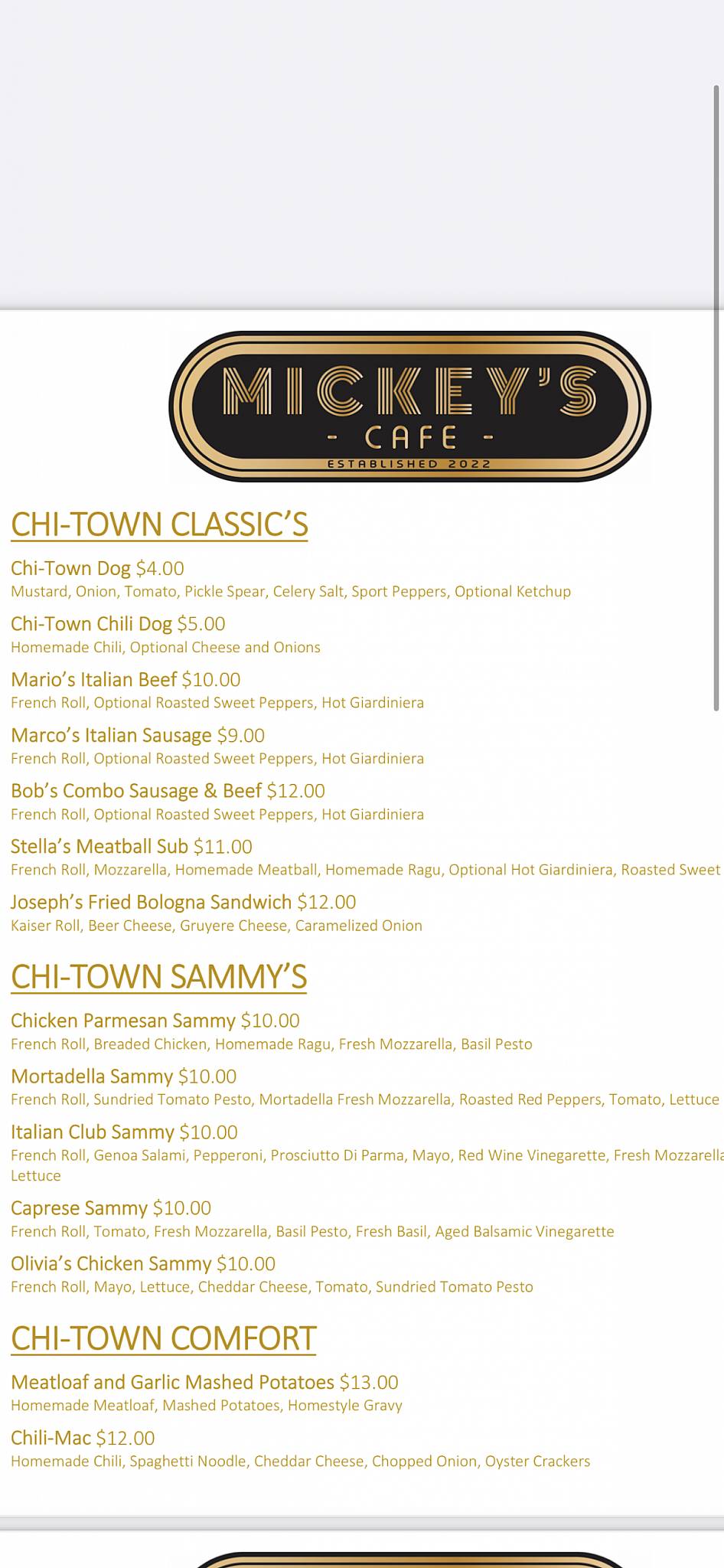 Carta de Mickey's Cafe, Dardenne Prairie