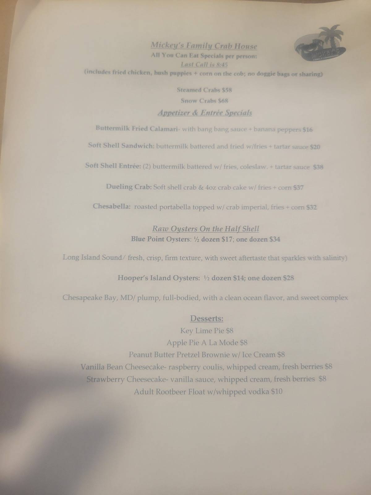 Menu at Mickey's Family Crab House restaurant, Bethany Beach
