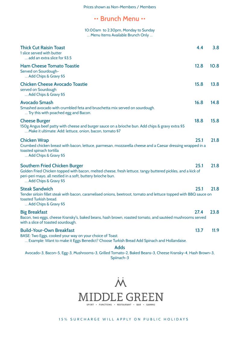 Menu at Middle Green restaurant, Greenbank