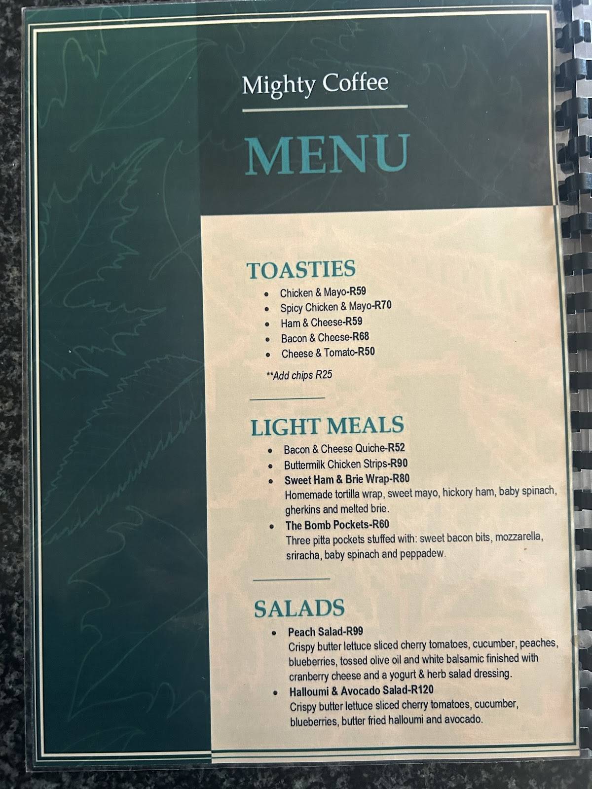 Menu au Mighty Coffee restaurant, Vanderbijlpark