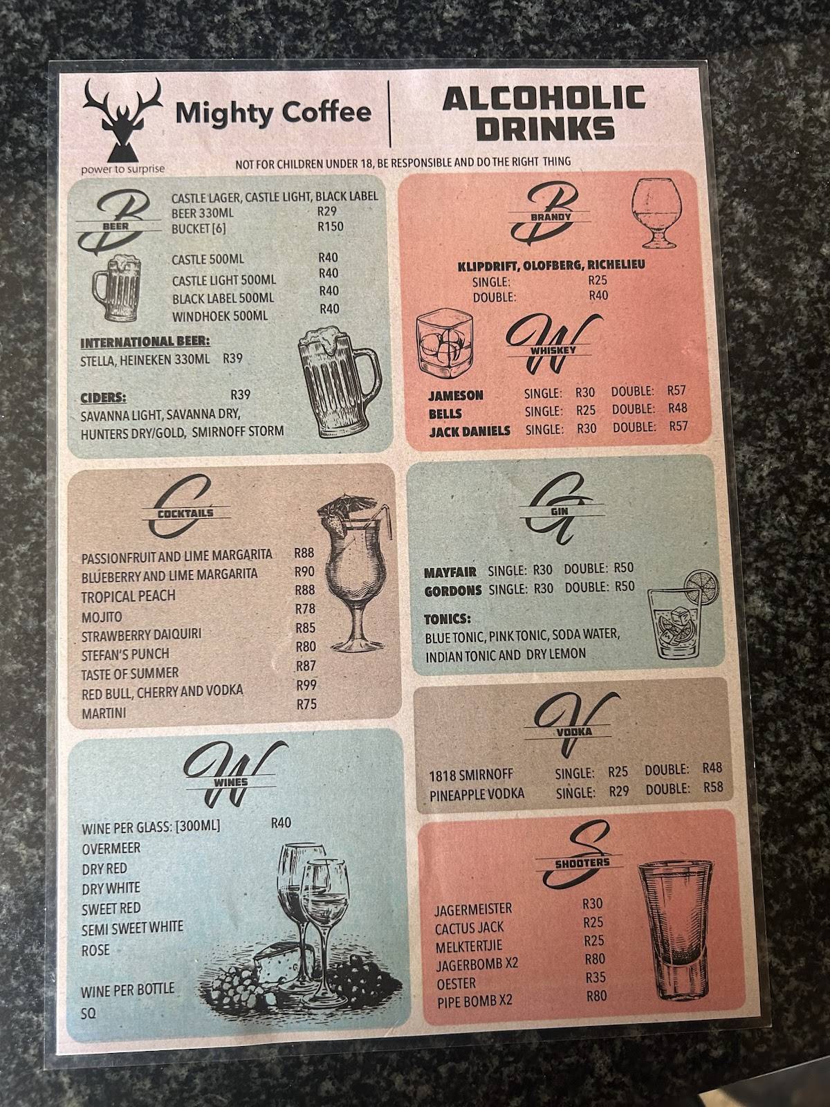 Menu au Mighty Coffee restaurant, Vanderbijlpark