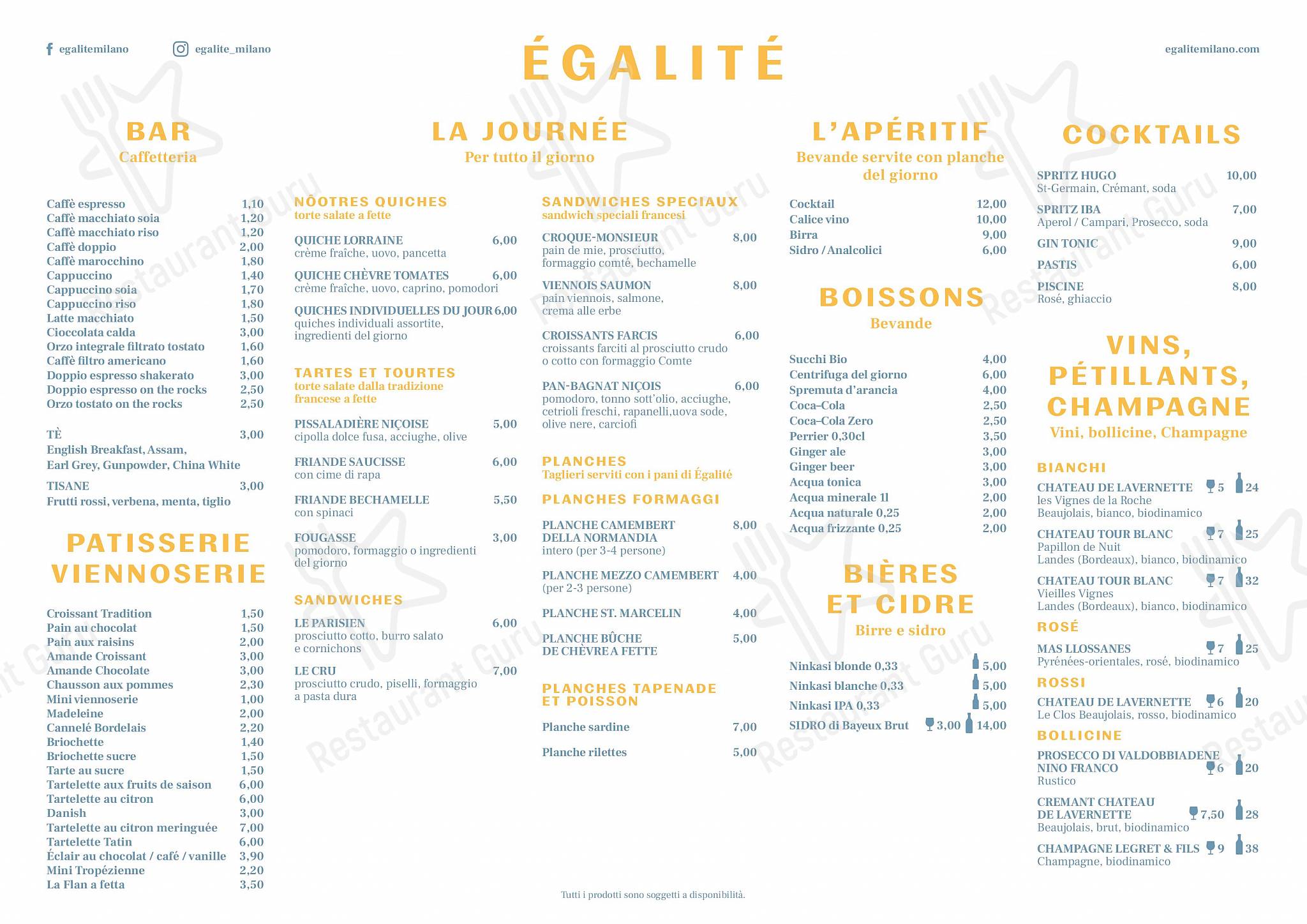 Menu da Egalité caffè bar, Milano