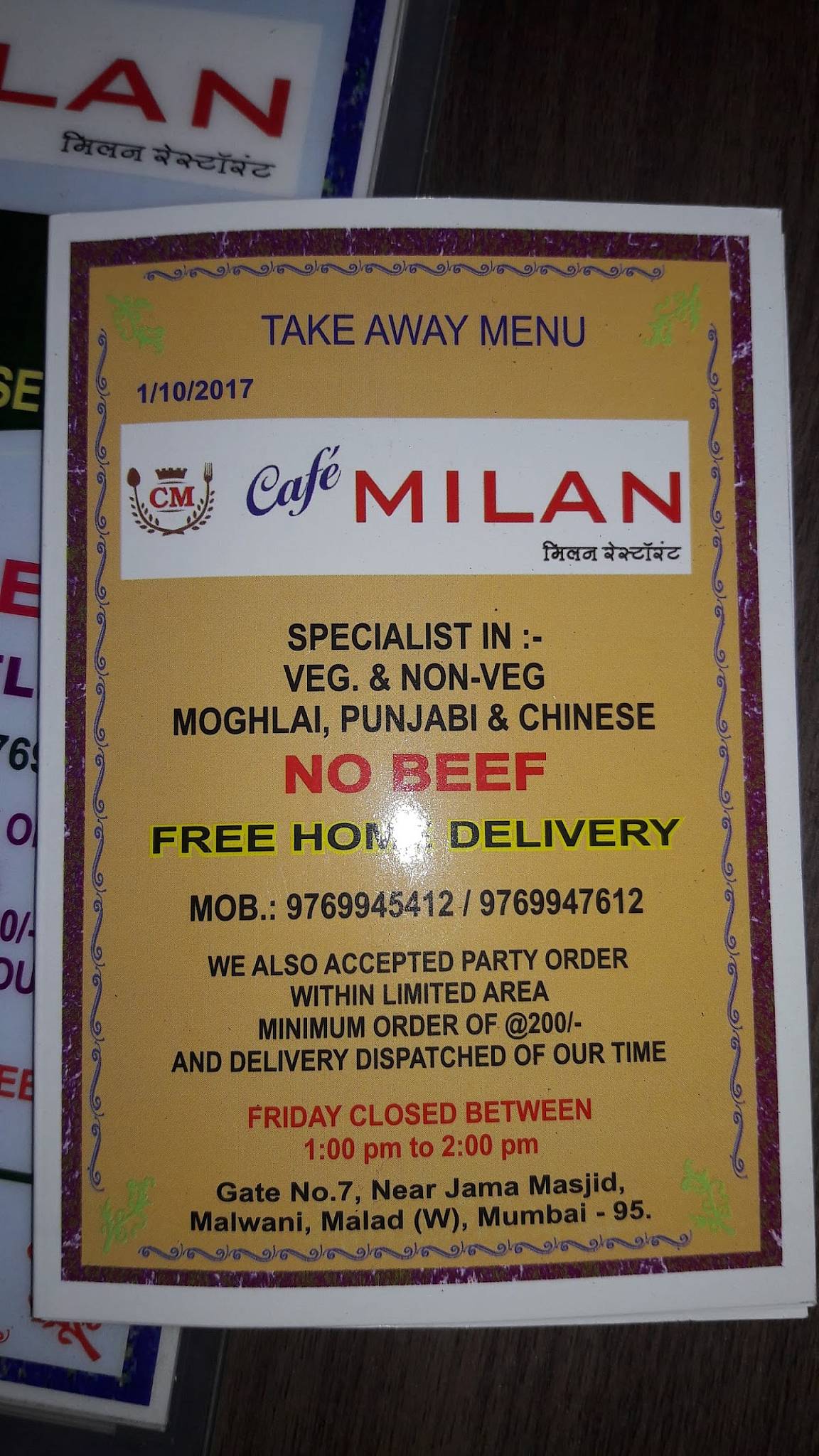 Menu at Milan Restaurant, Mumbai, Gate No 7