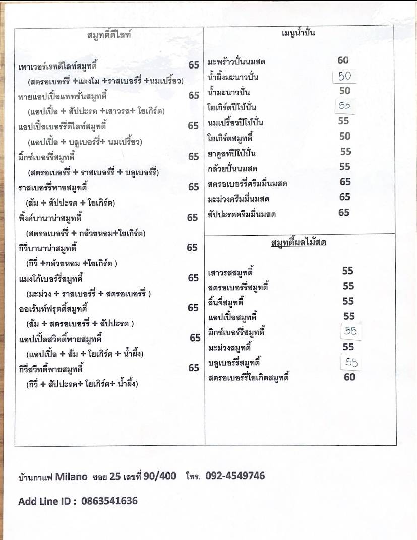 Carta de บ้านกาแฟ Milano Coffee, Tha It