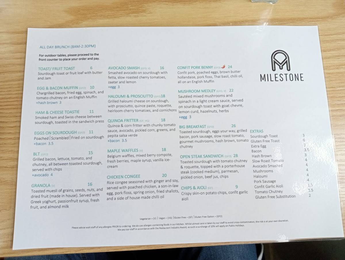 Menu at Milestone Cafe & Bistro, Kialla