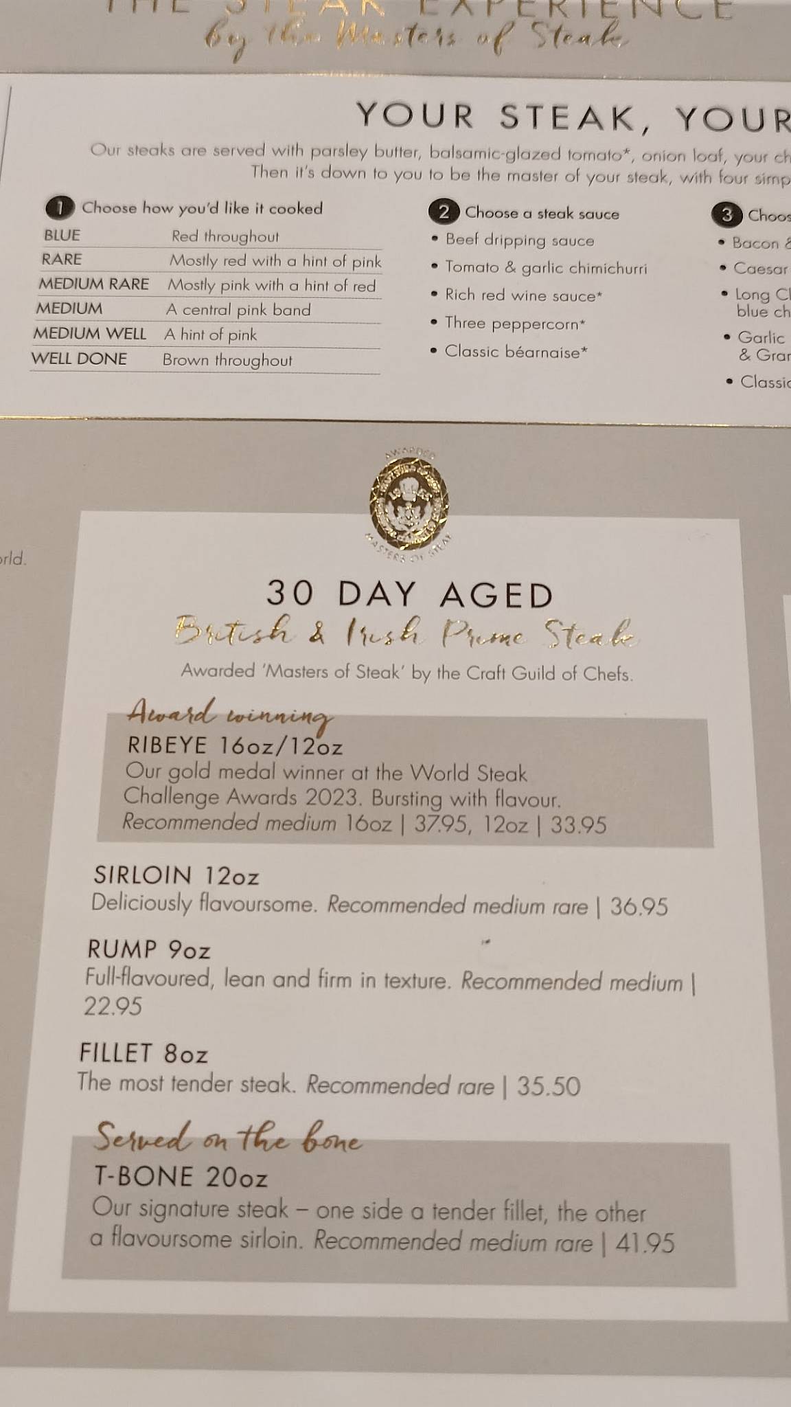 Menu at Miller & Carter Aberdeen steakhouse, Aberdeen