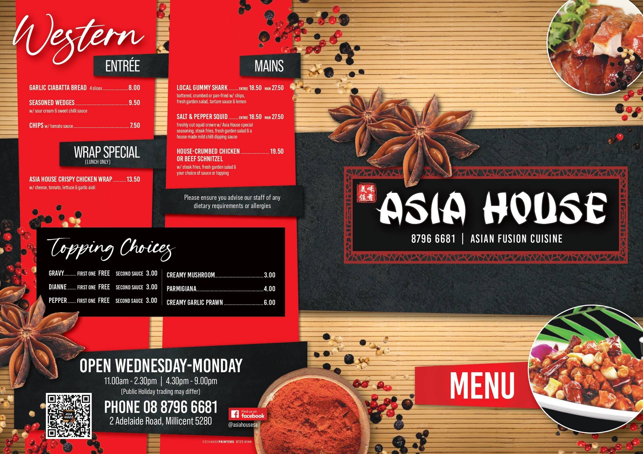 Menu at Asia House restaurant, Millicent