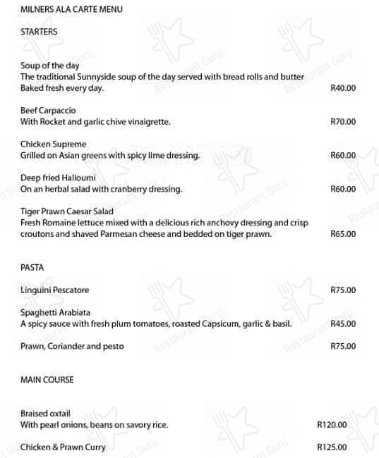 Menu at Milner's Restaurant, Johannesburg, Princes Of Wales Terrace