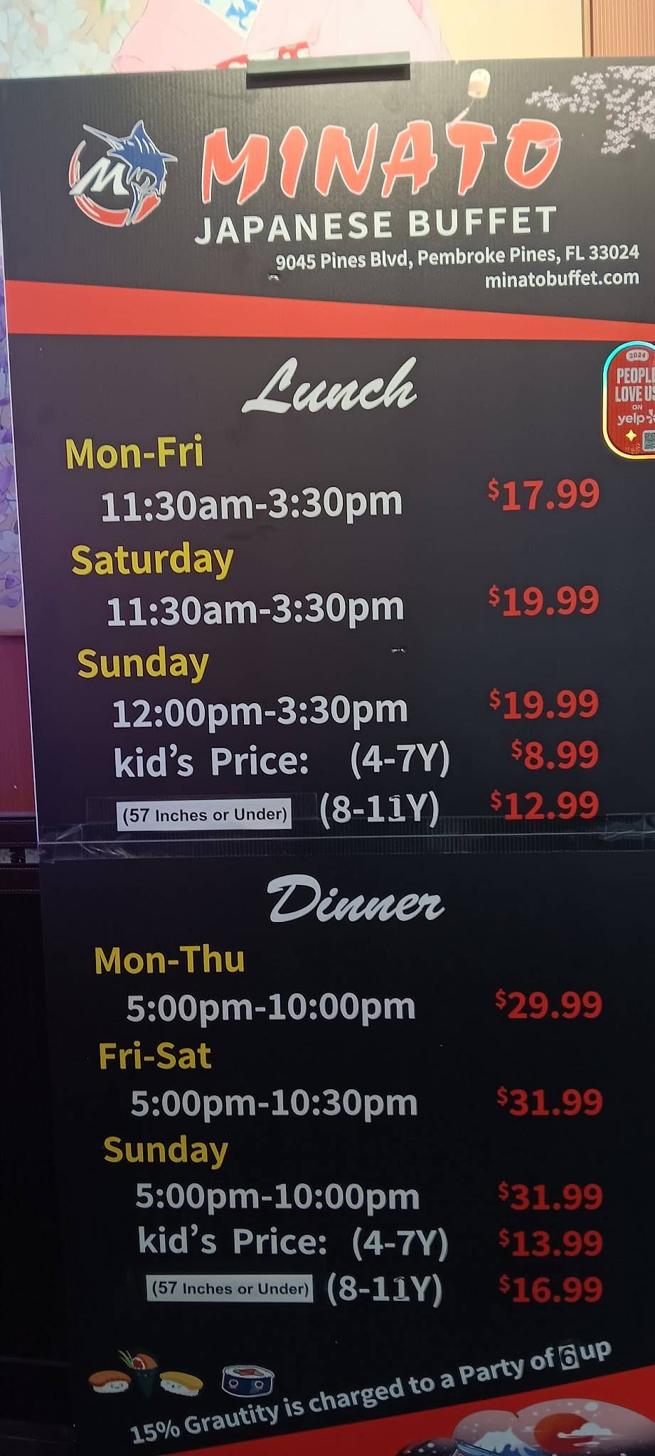 Menu at Minato Japanese Buffet & Seafood restaurant, Pembroke Pines