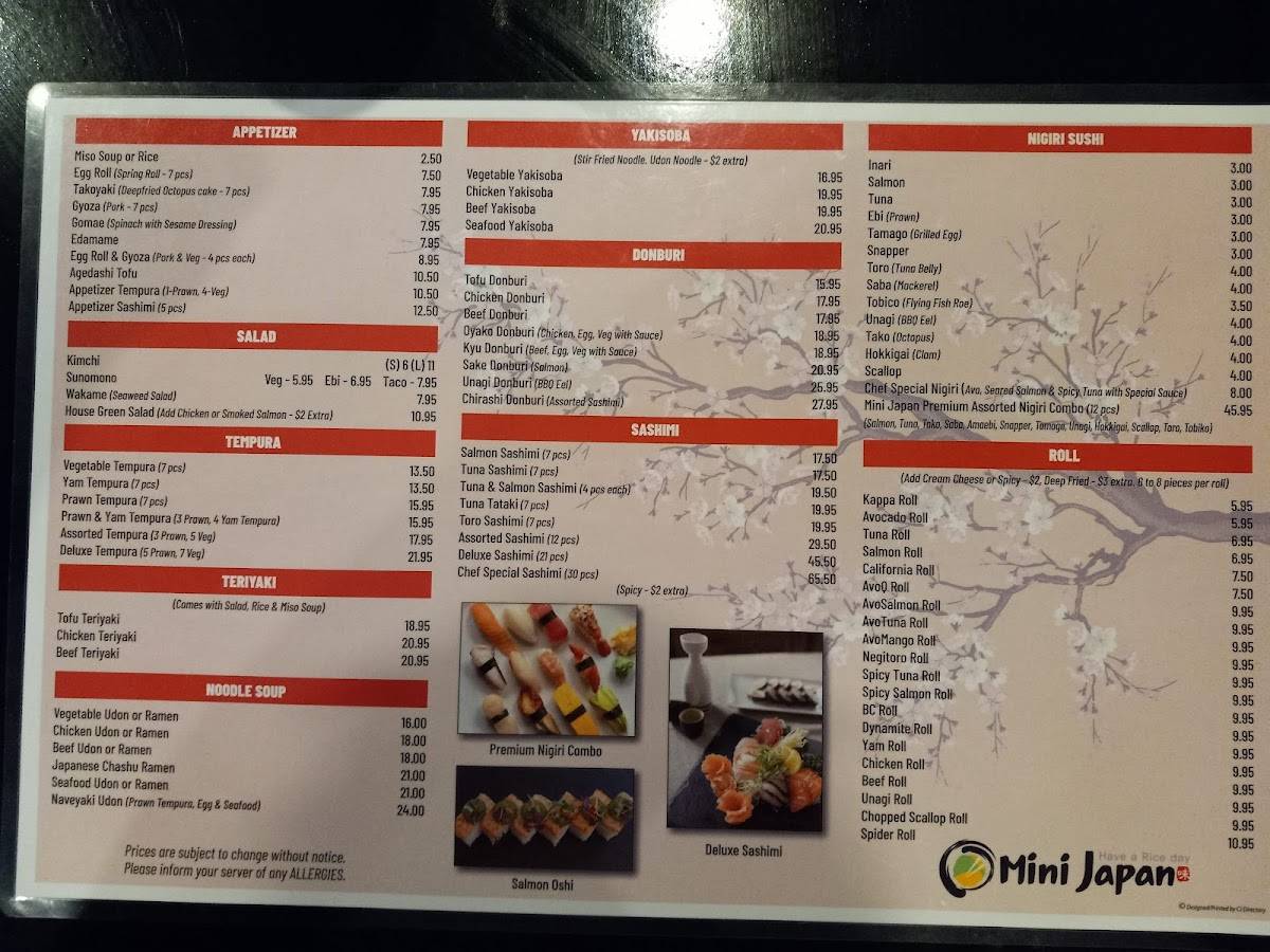 Menu at Mini Japan restaurant, Quesnel