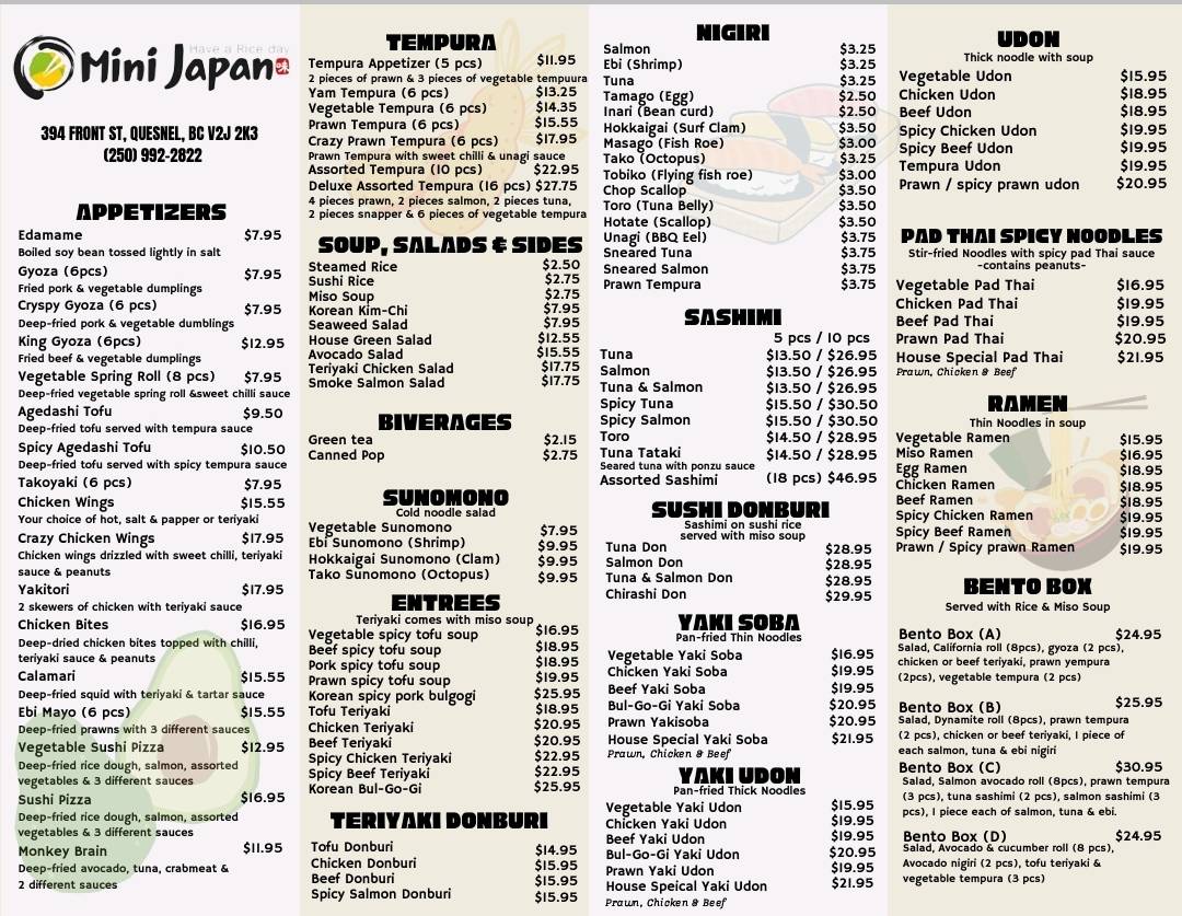 Menu at Mini Japan restaurant, Quesnel