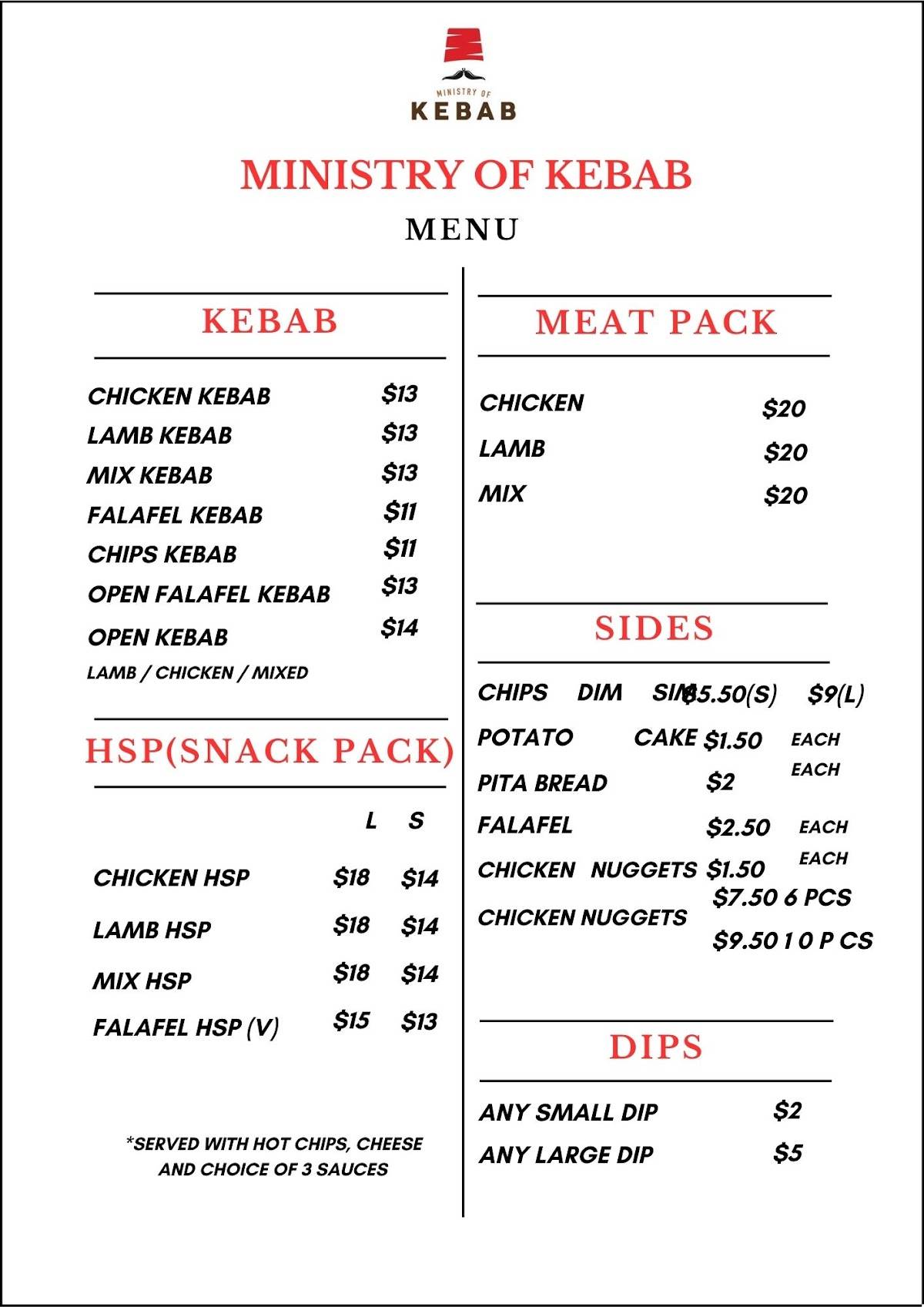 Menu at Ministry of Kebab, Mooroolbark