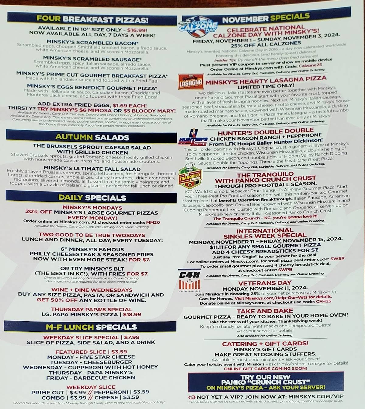 Menu at Minsky's Pizza pizzeria, Kansas City, 221 NE Barry Rd