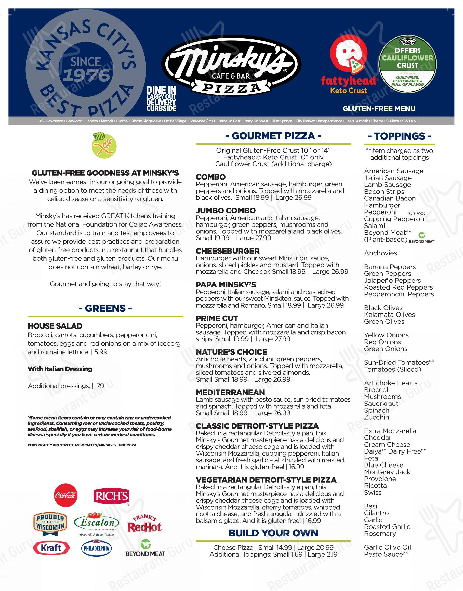 Menu at Minsky's Pizza pizzeria, Kansas City, 221 NE Barry Rd