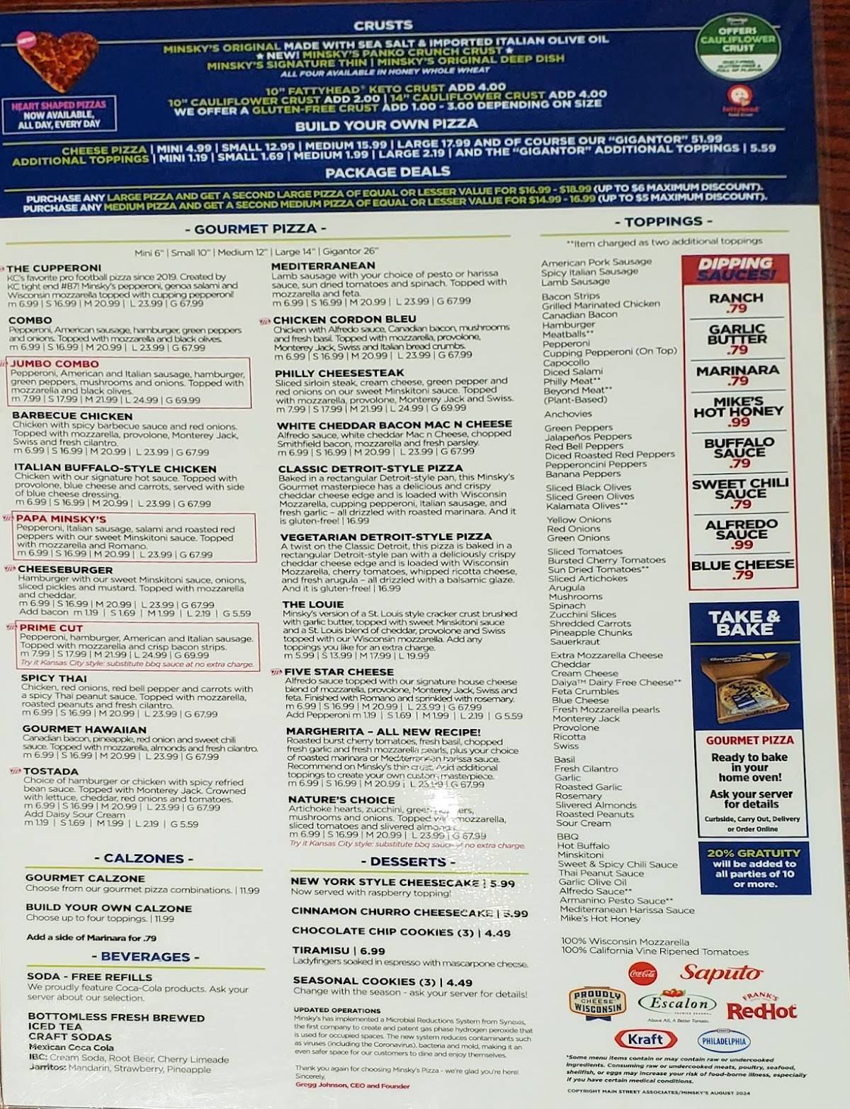 Menu at Minsky's Pizza pizzeria, Kansas City, 221 NE Barry Rd