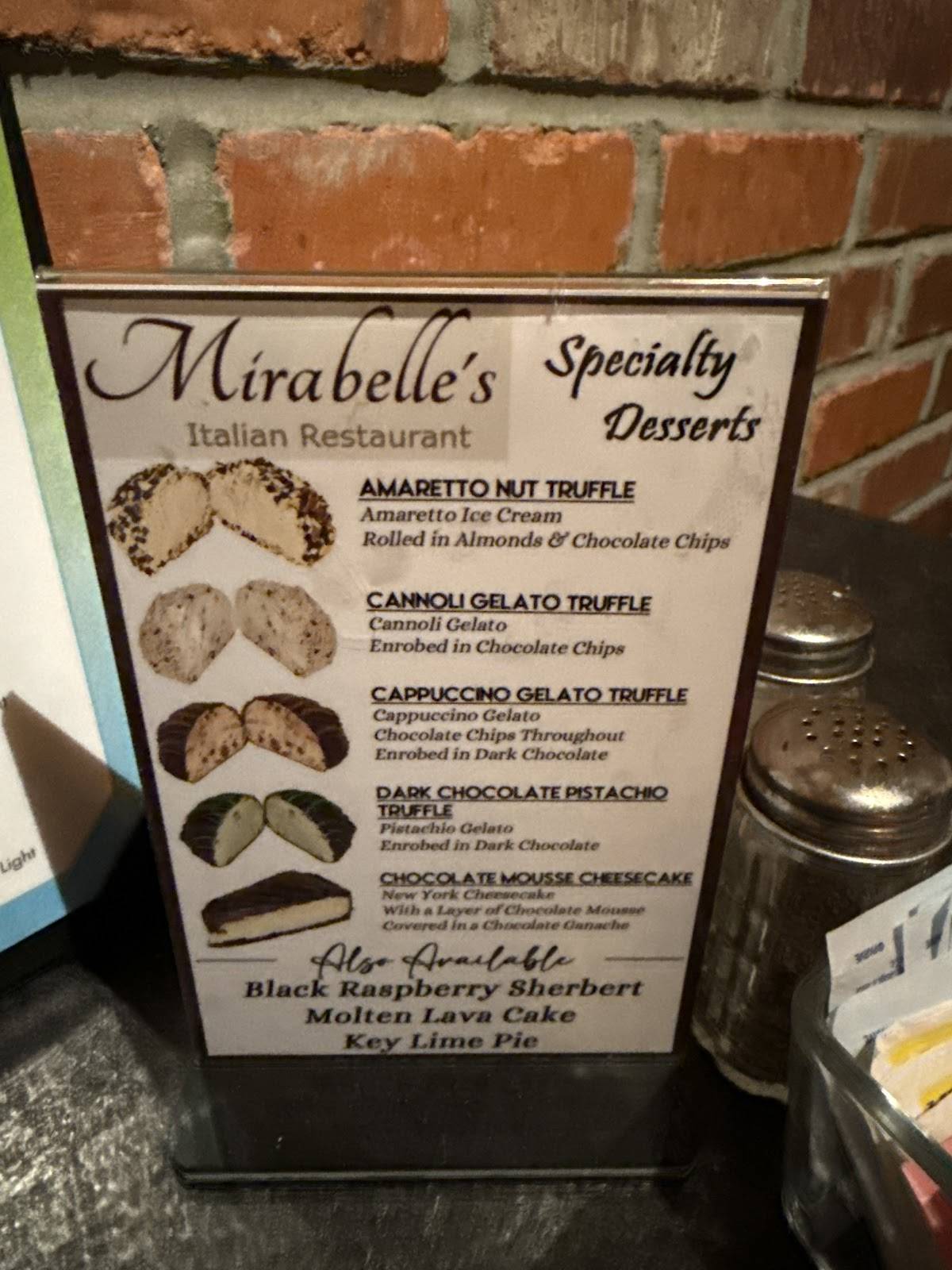Menu at Mirabelle's Italian Restaurant, Prospect