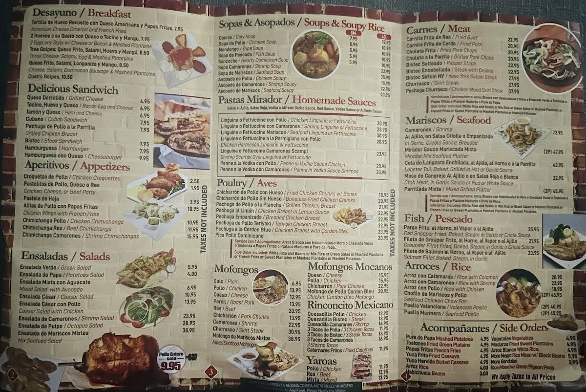 Menu at Mirador Restaurant, New Rochelle