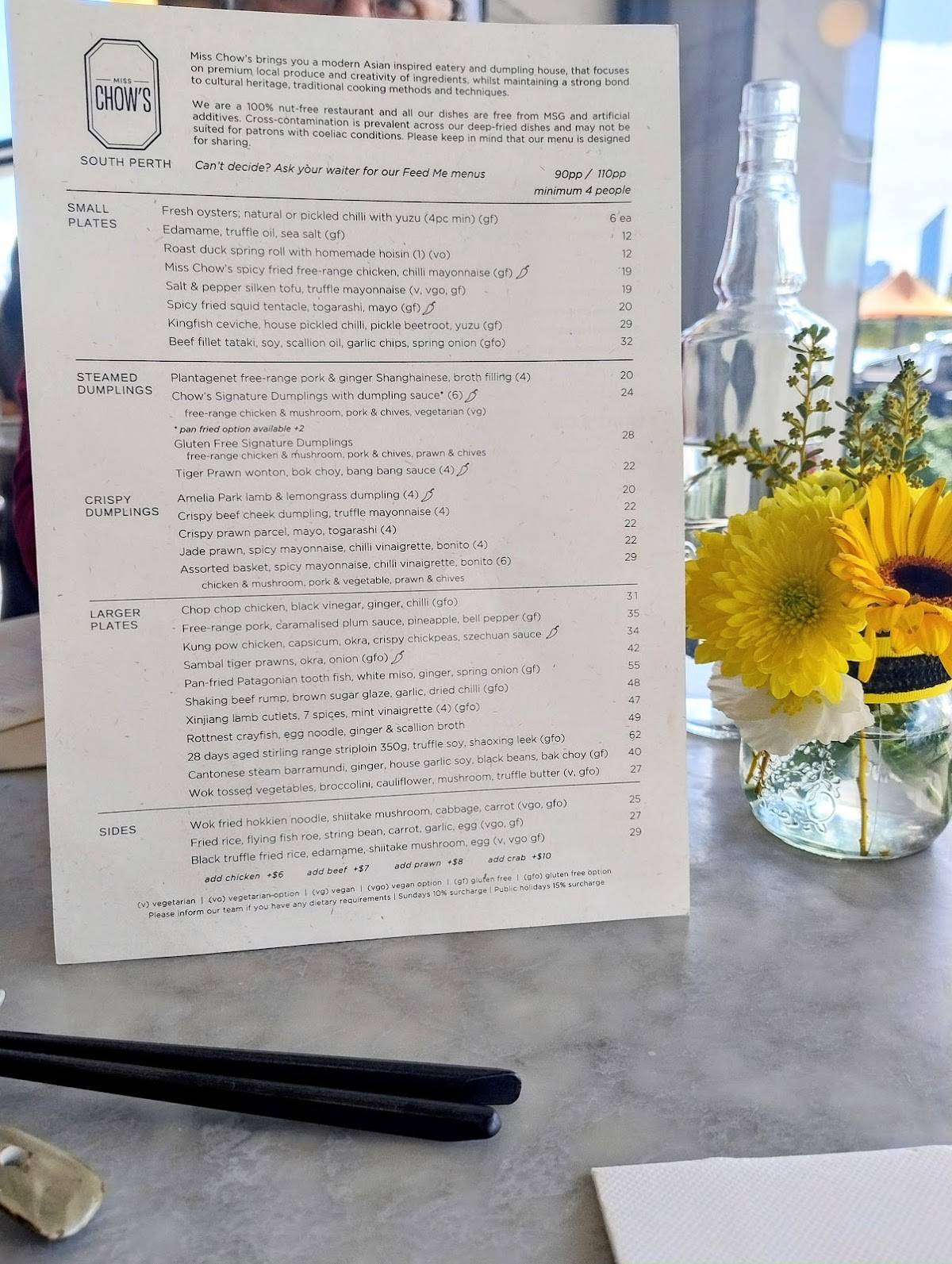 Menu at Miss Chow's South Perth restaurant, South Perth