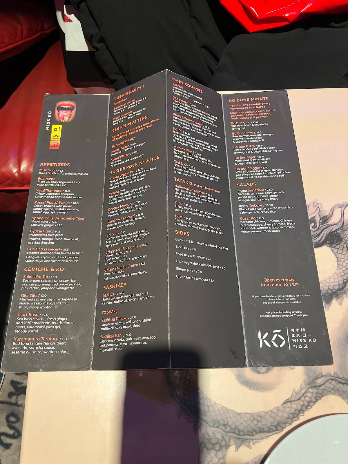 Menu at Miss Kô restaurant, Paris