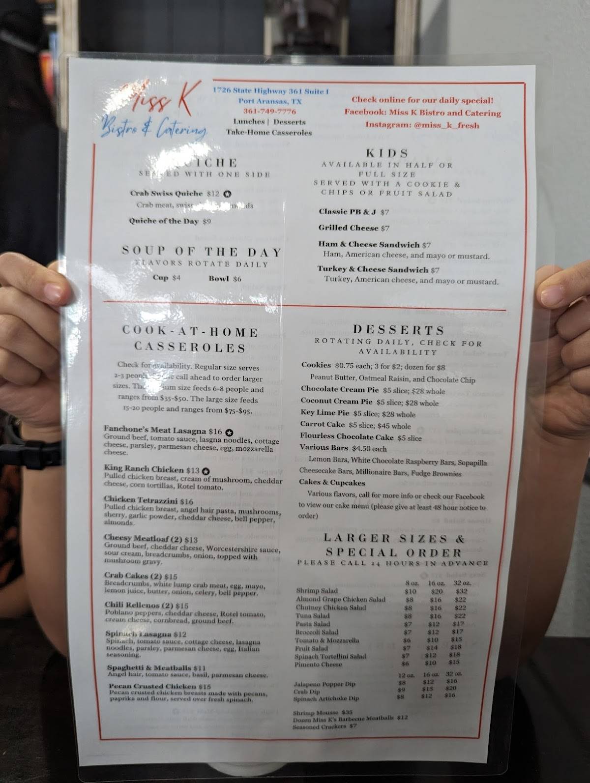 Menu at Miss K's Kitchen cafe, Port Aransas
