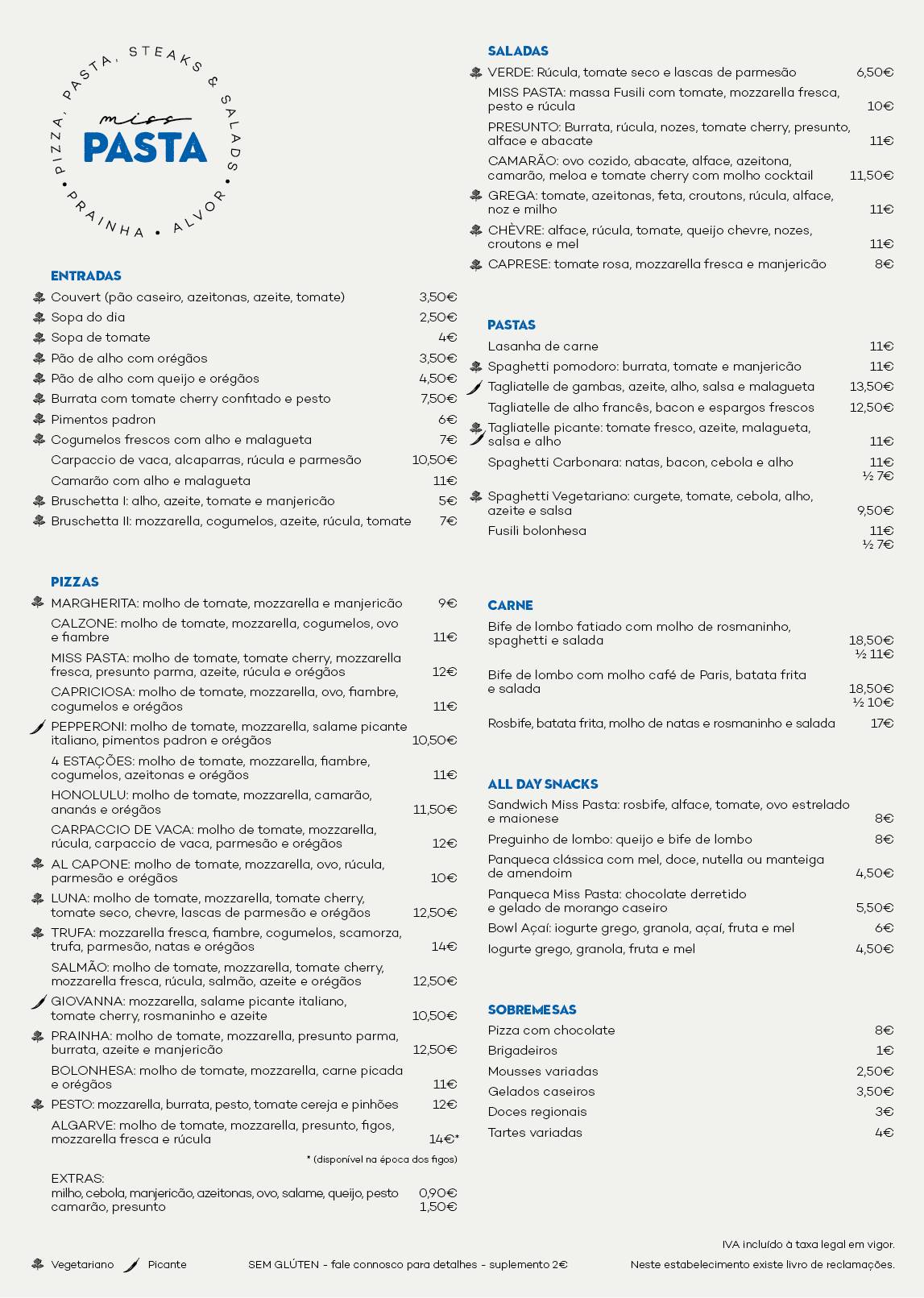 Menu at Miss Pasta restaurant, Alvor, Aldeamento Prainha Club