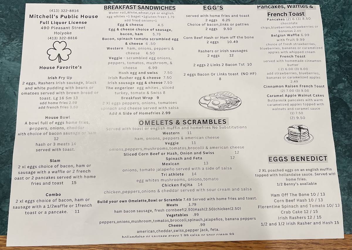 Menu at Mitchell's Public House, Holyoke