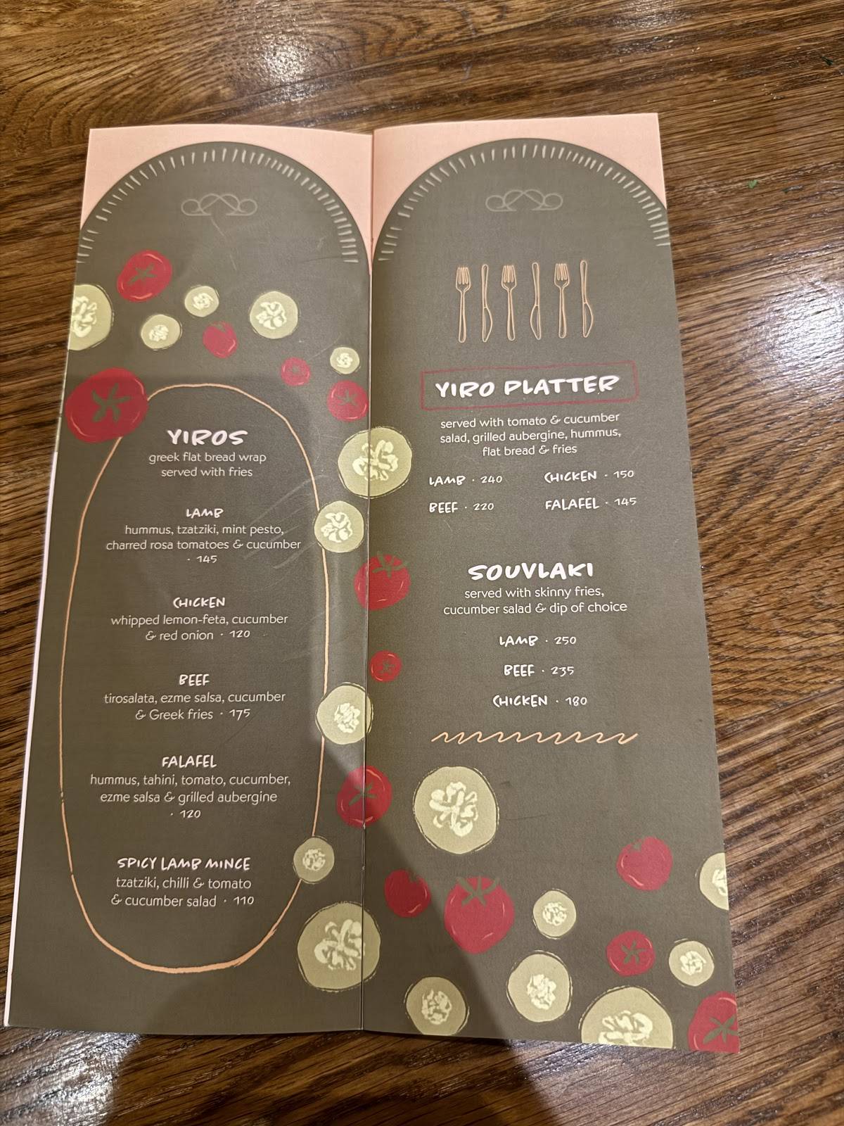 Menu at Mitera uMhlanga restaurant, Umhlanga