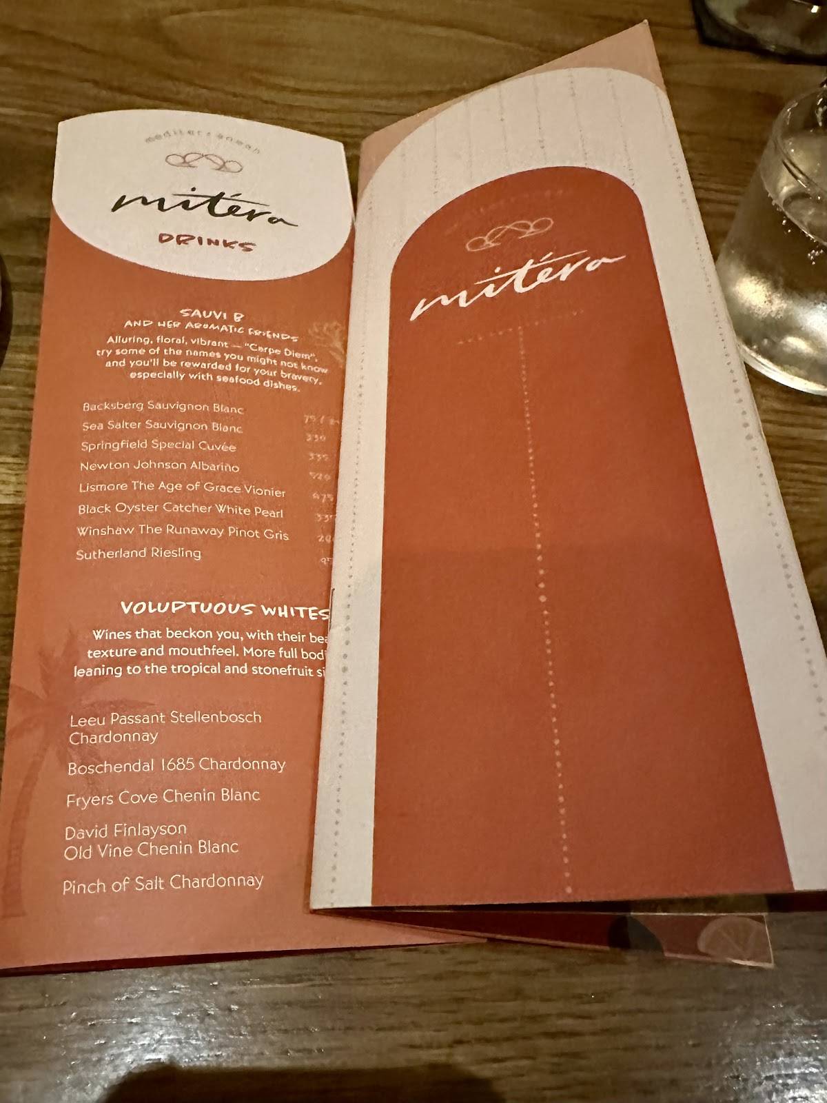 Menu at Mitéra restaurant, Durban