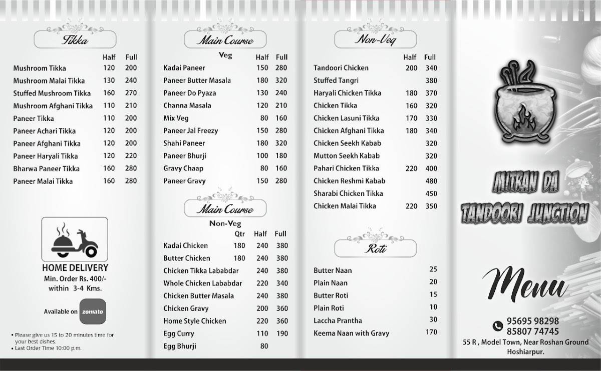 Menu at Mitran Da Tandoori Junction, Hoshiarpur