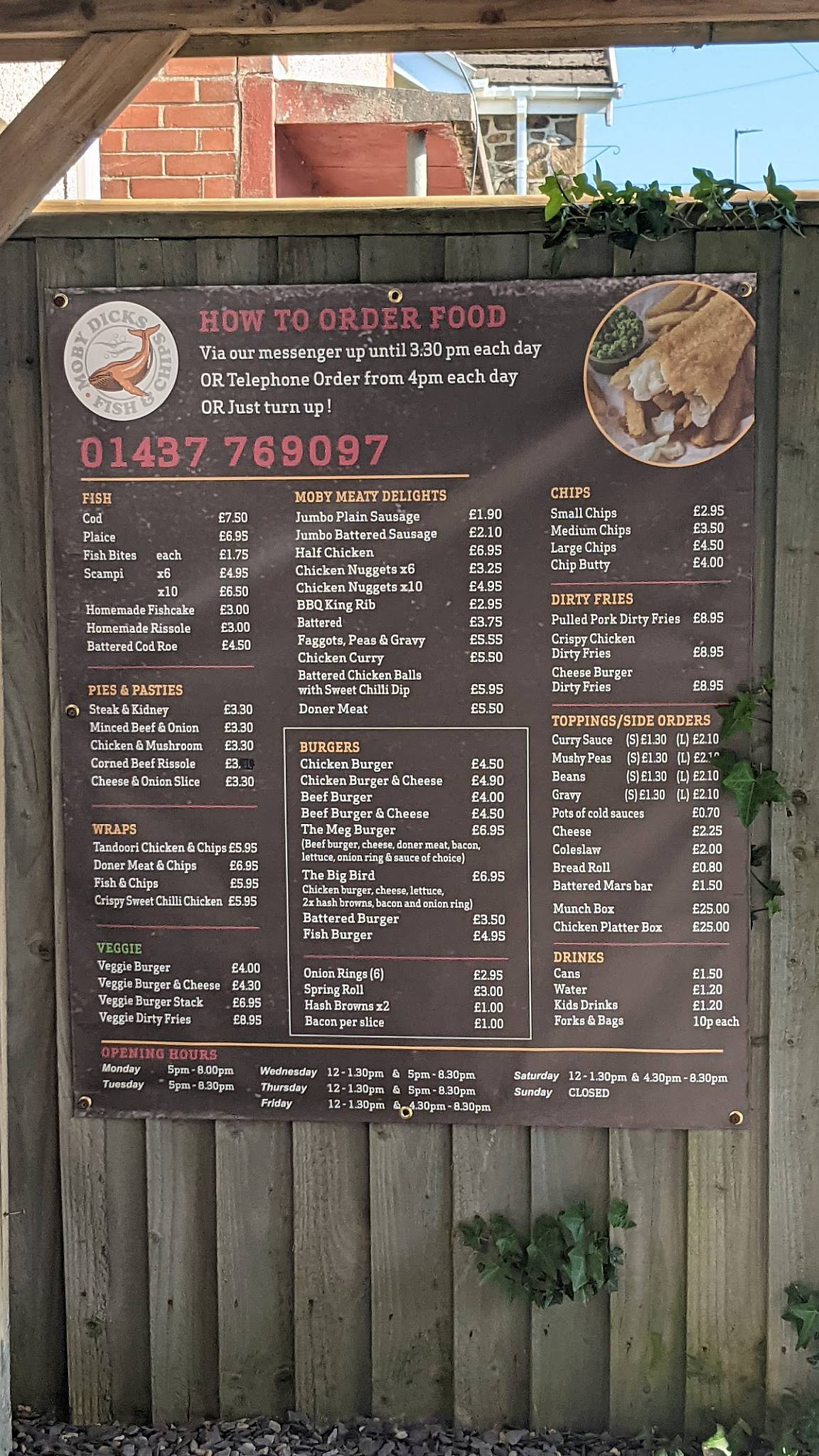 Menu at Moby Dicks Famous Fish and Chips restaurant, Haverfordwest