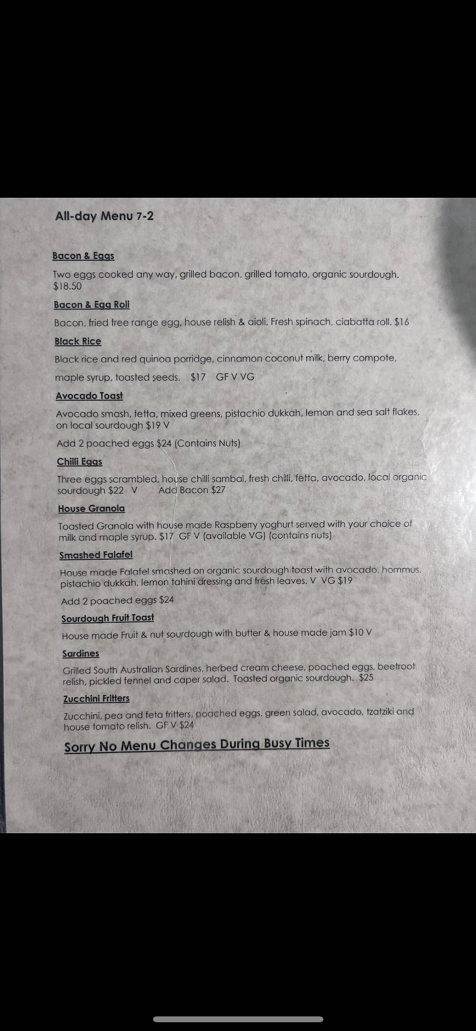 Menu at Mockingbird restaurant, Kingscliff