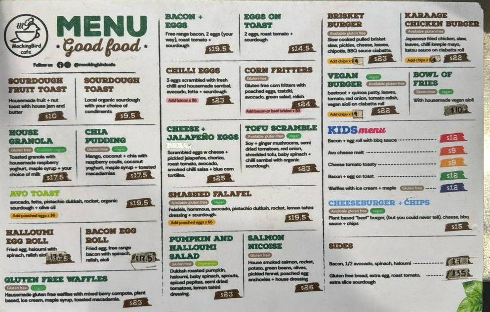 Menu at Mockingbird restaurant, Kingscliff