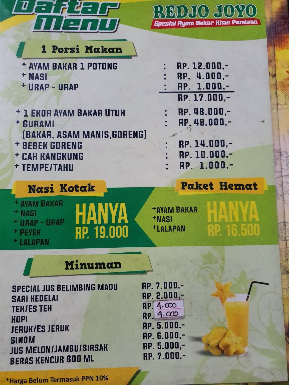 Menu at Lesehan Redjo Joyo Mojokerto restaurant, Mojokerto